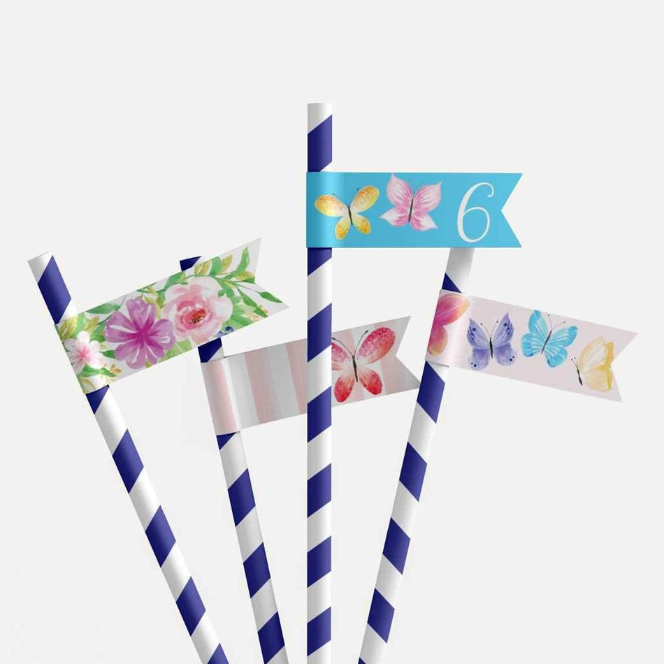 Printable Butterfly Kids Party Straw Flags Template | Hadley Designs ...