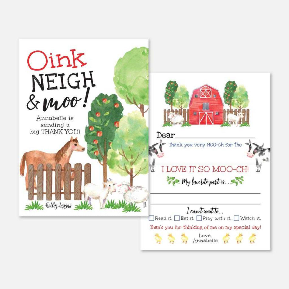 Printable Watercolor Neutral Farm Kids Party Fill In The Blank Thank Y ...