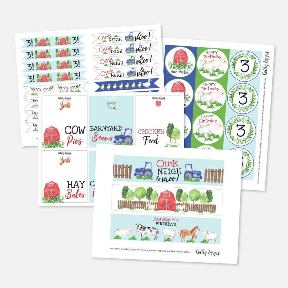 Printable Watercolor Neutral Farm Kids Party Accessories and Decor Pac ...
