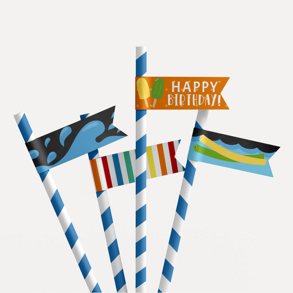 Printable Waves Pool Kids Party Straw Flags Template | Hadley Designs