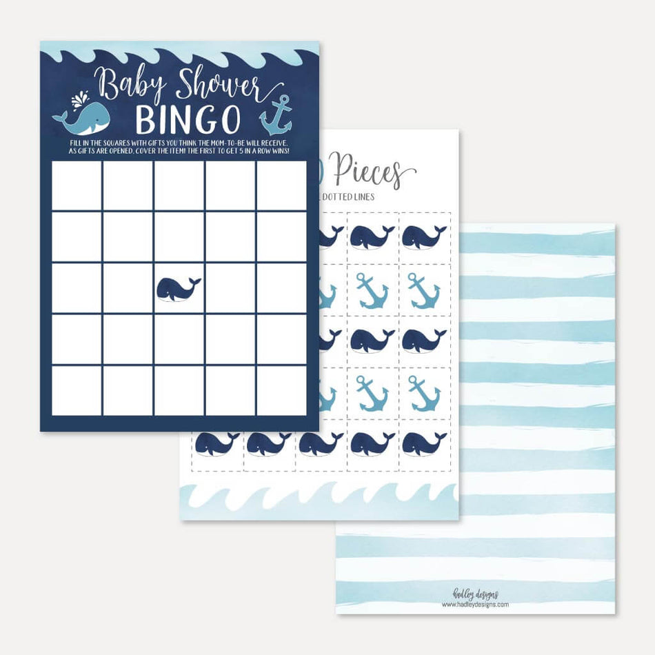 Printable Whale Nautical Baby Shower Bingo Game Template | Hadley ...