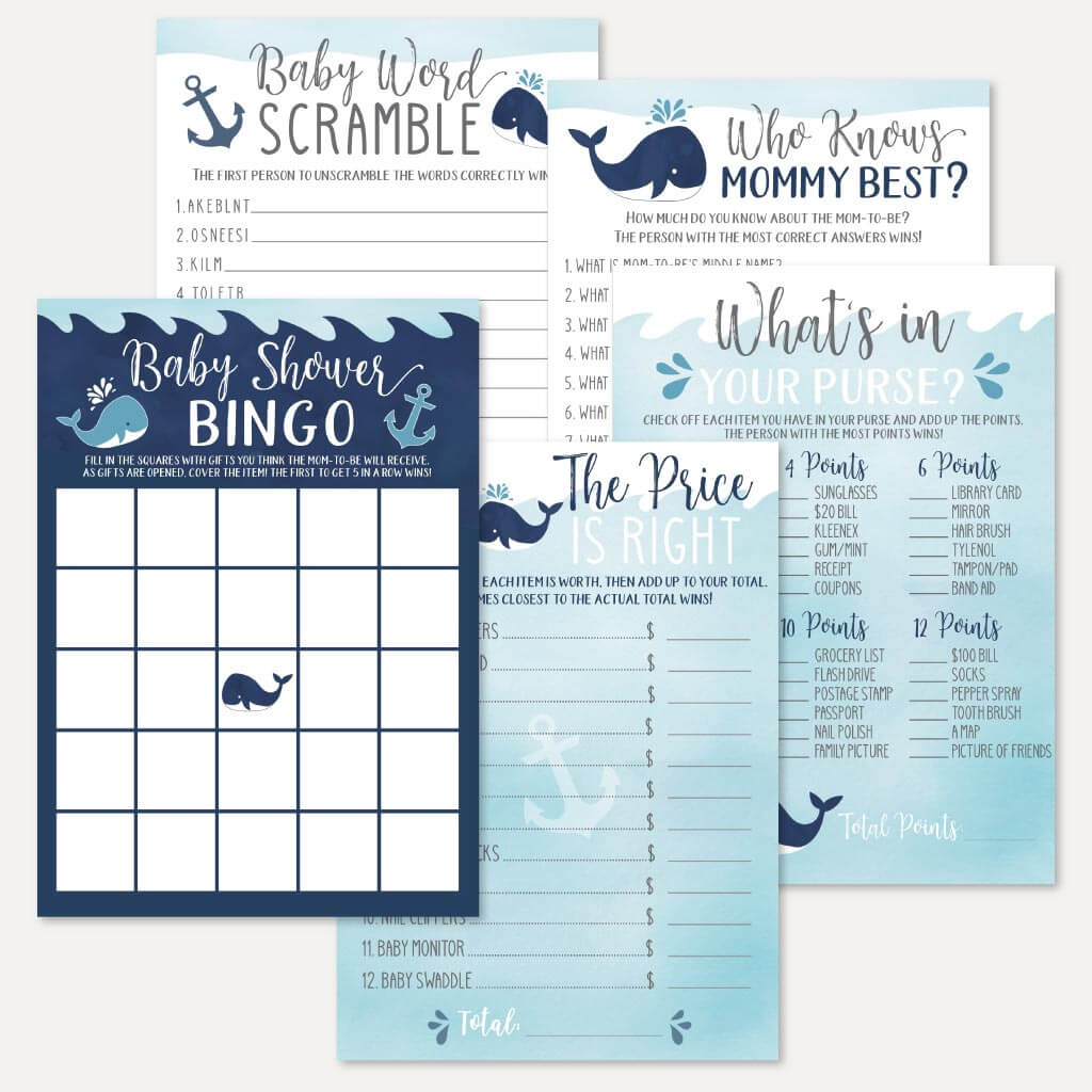 Printable Whale Nautical Baby Shower Game Set Templates | Hadley ...