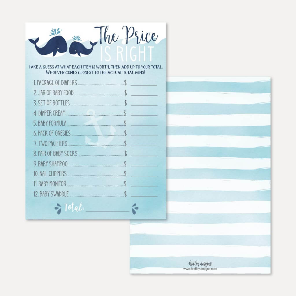 Printable Whale Nautical Baby Shower The Price Is Right Game Template ...