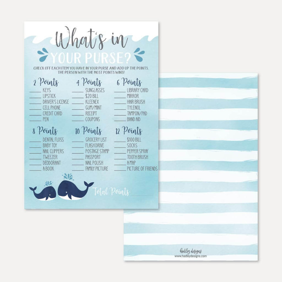 Printable Whale Nautical Baby Shower What's In Your Purse? Game ...