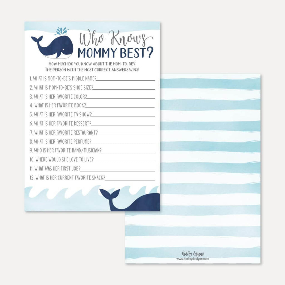 Printable Whale Nautical Baby Shower Who Knows Mommy Best? Game ...