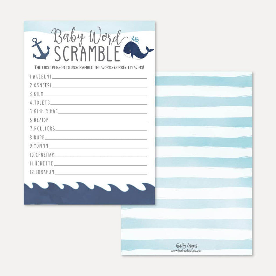 Printable Whale Nautical Baby Shower Word Scramble Game Template ...