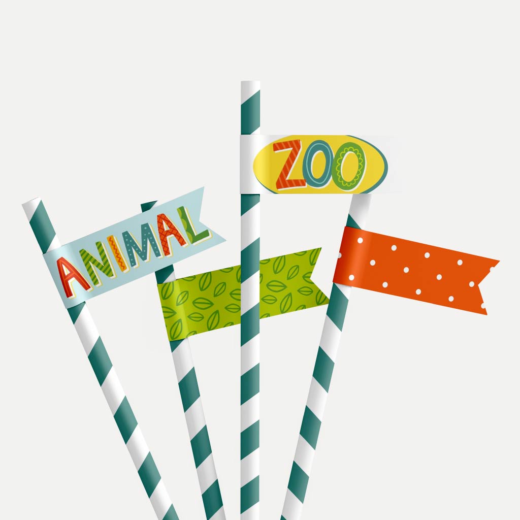 Printable Zoo Kid's Party Straw Flags, Printable Straw Flags, Paper ...